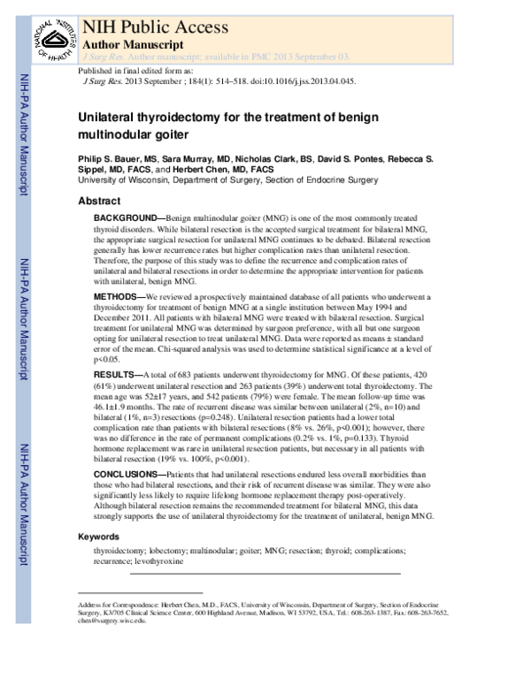 (PDF) Unilateral thyroidectomy for the treatment of benign multinodular ...