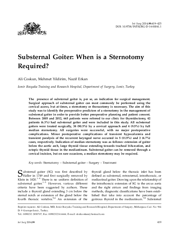 (PDF) Substernal Goiter: When is a Sternotomy Required?