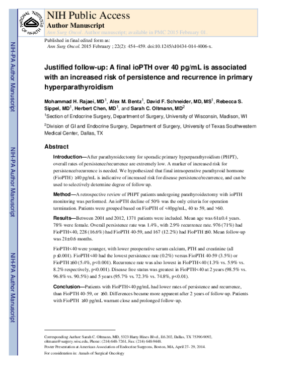 (PDF) Justified Follow-Up: A Final Intraoperative Parathyroid Hormone ...