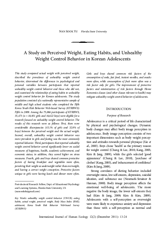 (PDF) A Study on Perceived Weight, Eating Habits, and Unhealthy Weight ...