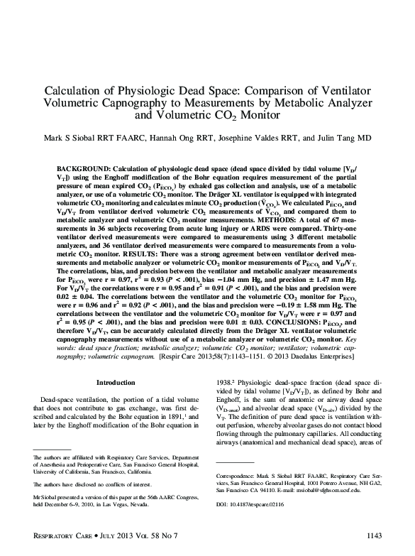 (PDF) Calculation of Physiologic Dead Space: Comparison of Ventilator ...