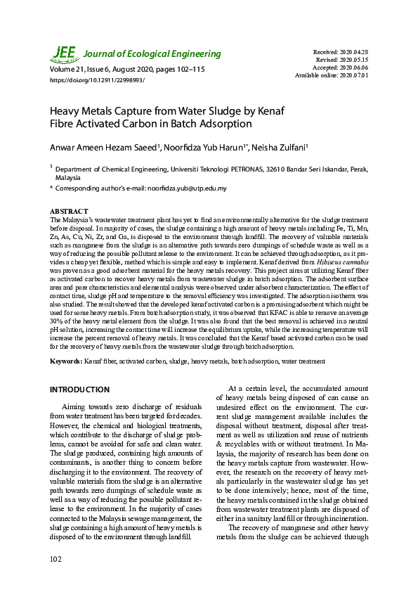 (PDF) Heavy Metals Capture from Water Sludge by Kenaf Fibre Activated ...