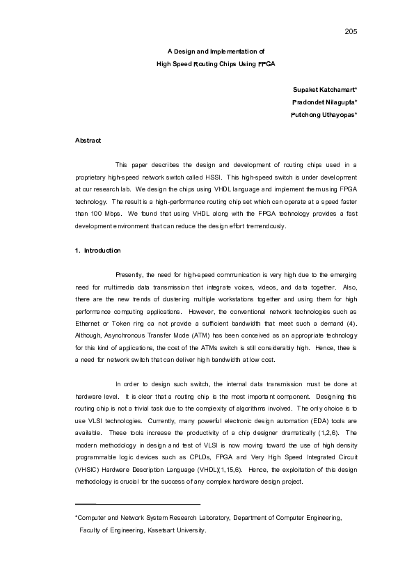 Pdf A Design And Implementation Of High Speed Routing Chips Using Fpga Pradondet Nilagupta