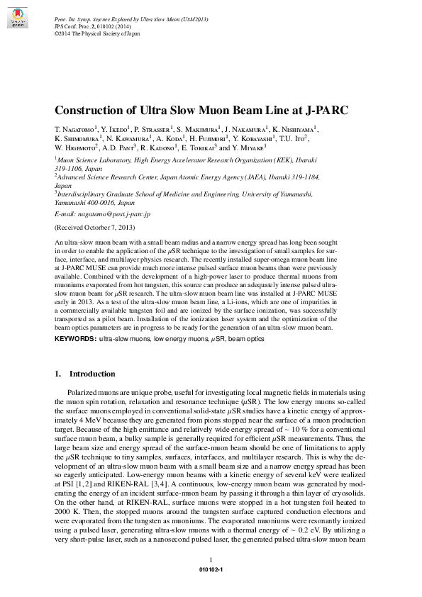 (PDF) Construction of Ultra Slow Muon Beam Line at J-PARC