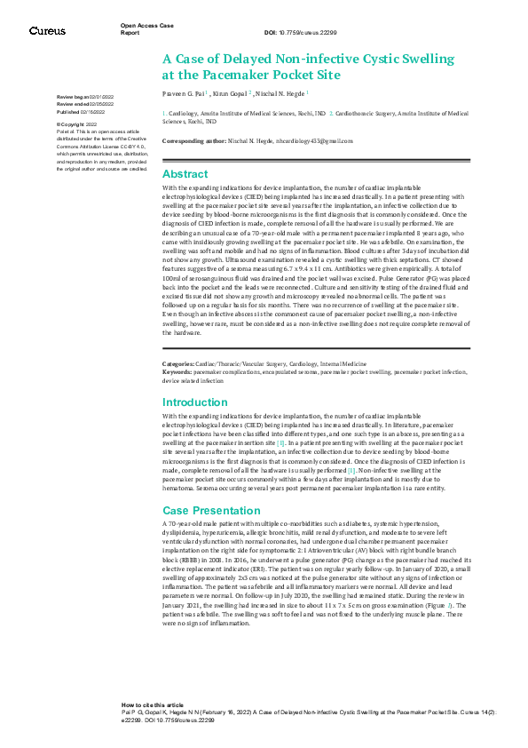 (PDF) A Case of Delayed Non-infective Cystic Swelling at the Pacemaker ...