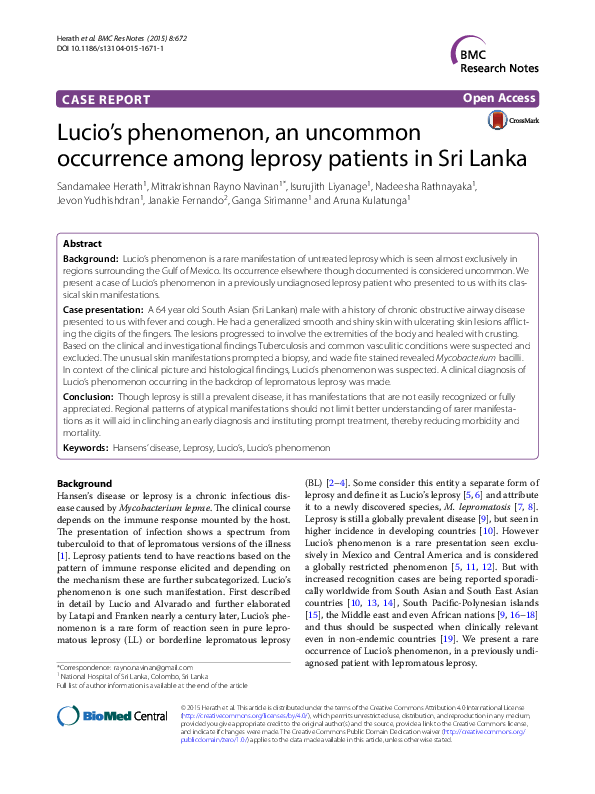 (PDF) Lucio’s phenomenon, an uncommon occurrence among leprosy patients ...