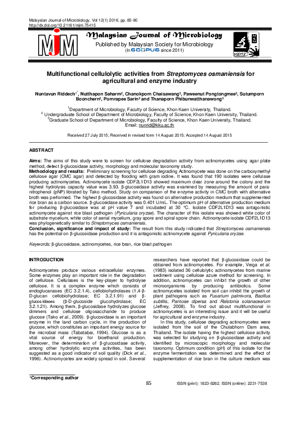 (PDF) Multifunctional cellulolytic activities from Streptomyces osmaniensis for agricultural and ...