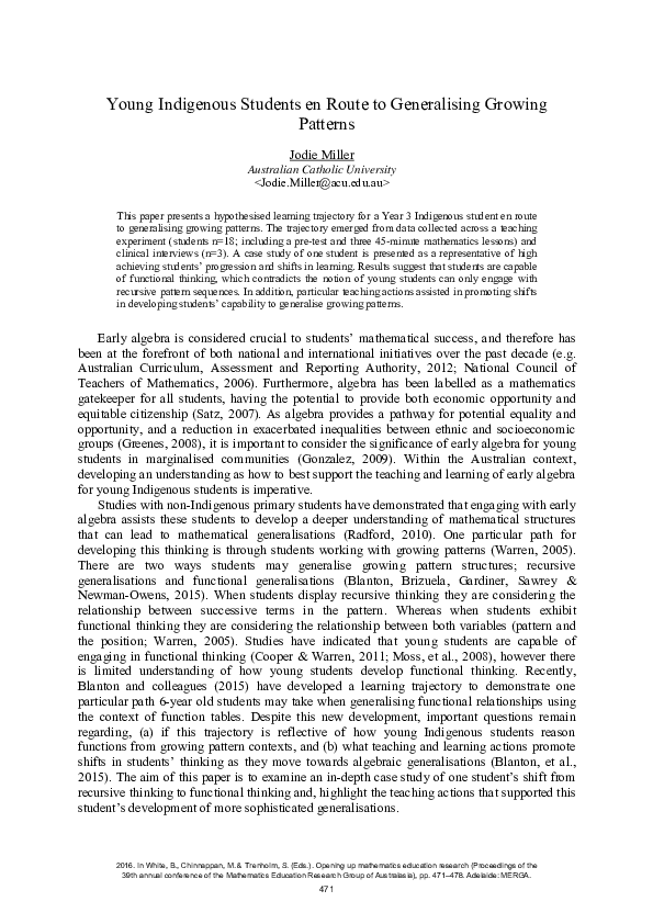 (PDF) Young Indigenous students en route to generalising growing patterns