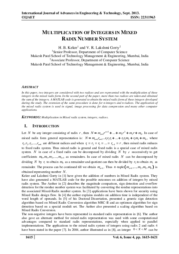 (PDF) Multiplication of Integers in Mixed Radix Number System