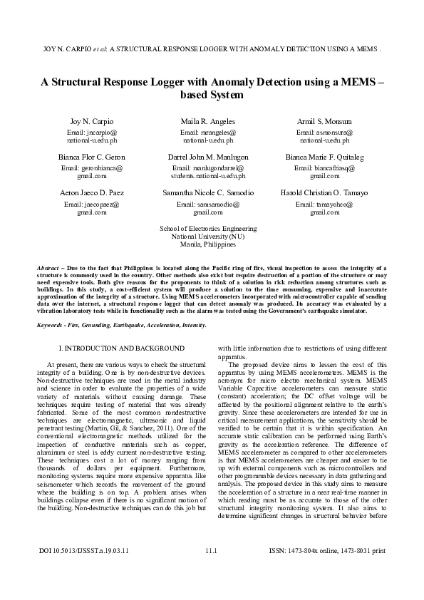 (PDF) A Structural Response Logger with Anomaly Detection Using a MEMS – Based System ...