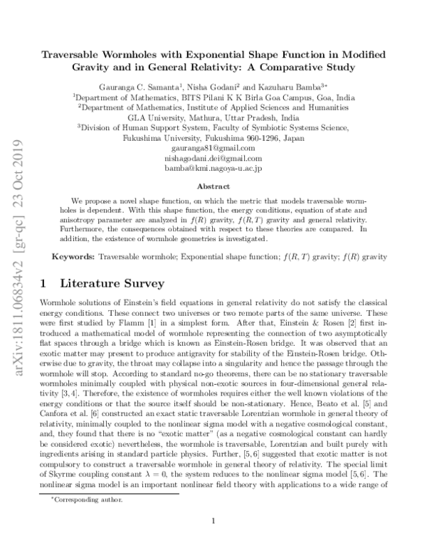 (PDF) Traversable Wormholes with Exponential Shape Function in Modified ...