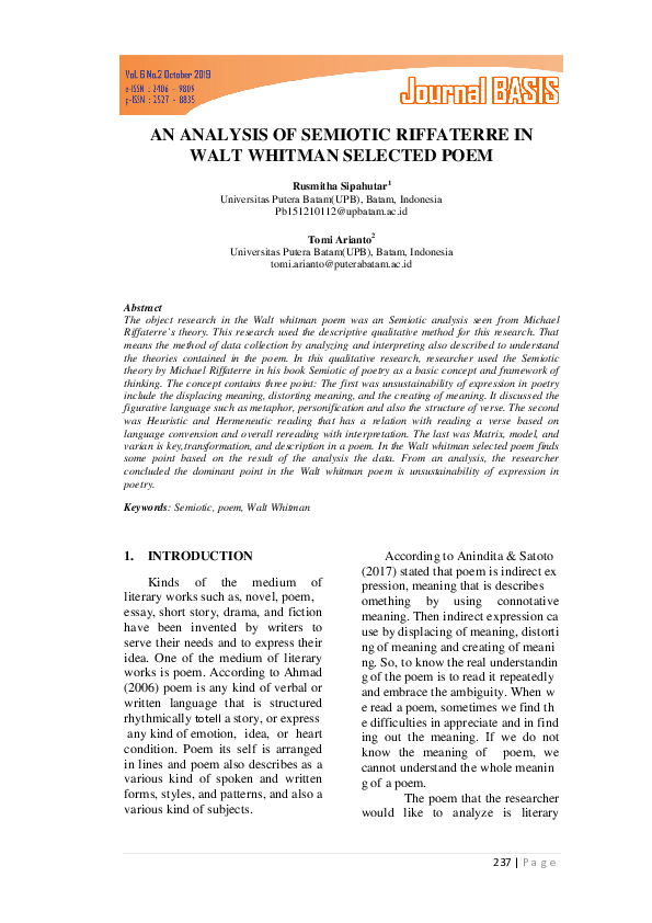 (PDF) An Analysis of Semiotic Riffaterre in Walt Whitman Selected Poem