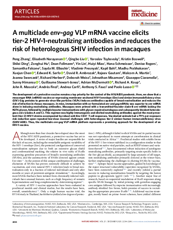 (PDF) A multiclade env–gag VLP mRNA vaccine elicits tier-2 HIV-1 ...