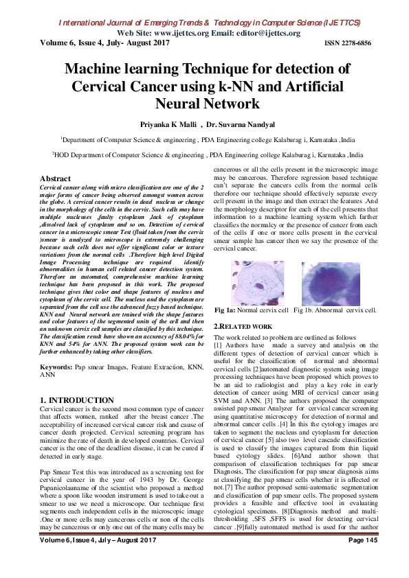 (PDF) Machine learning Technique for detection of Cervical Cancer using ...