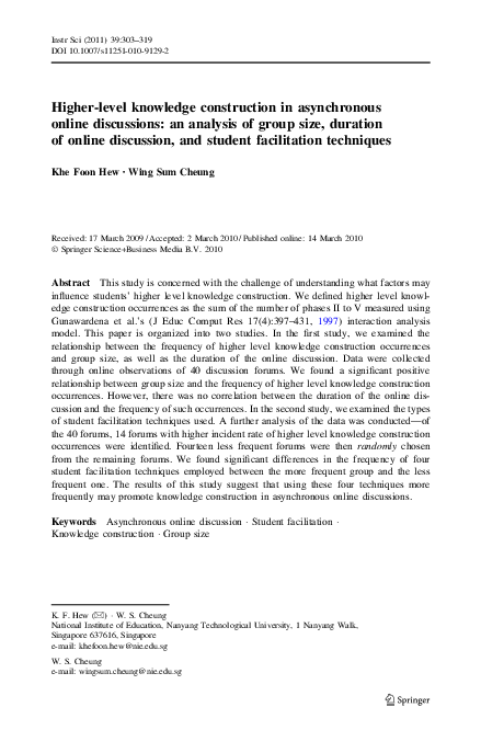 (PDF) Higher-level knowledge construction in asynchronous online discussions: an analysis of ...