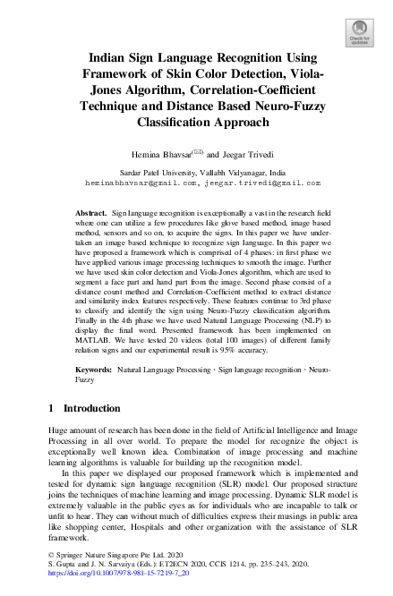 (PDF) Indian Sign Language Recognition Using Framework of Skin Color ...
