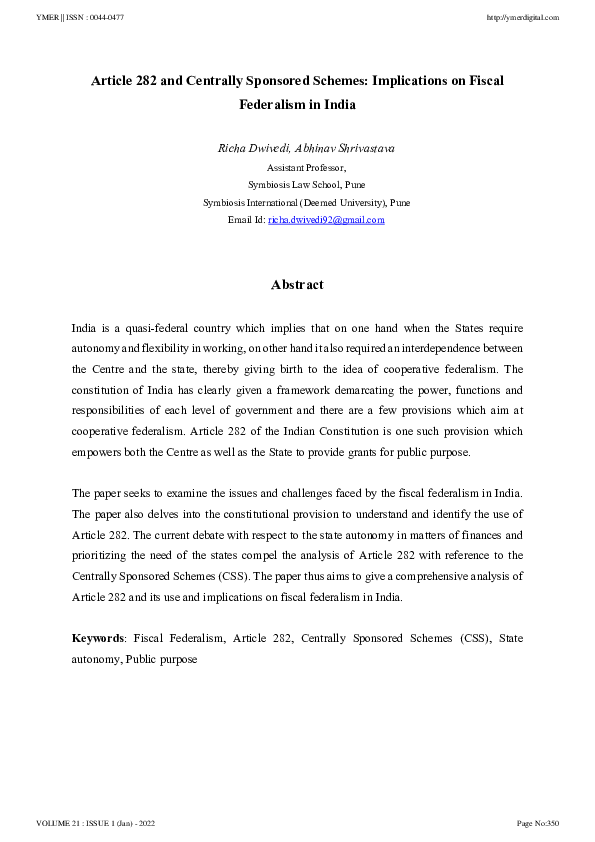(PDF) Article 282 and Centrally Sponsored Schemes: Implications on ...