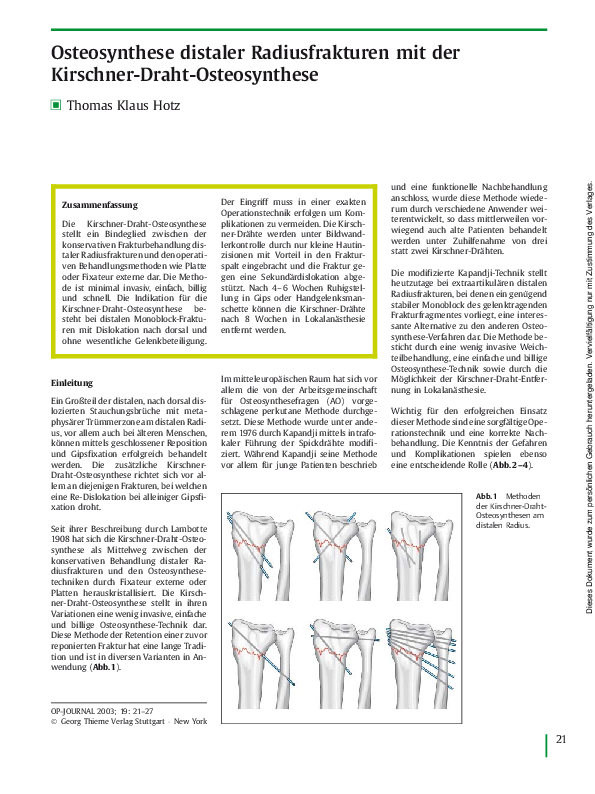 (PDF) Osteosynthese distaler Radiusfrakturen mit der Kirschner-Draht ...