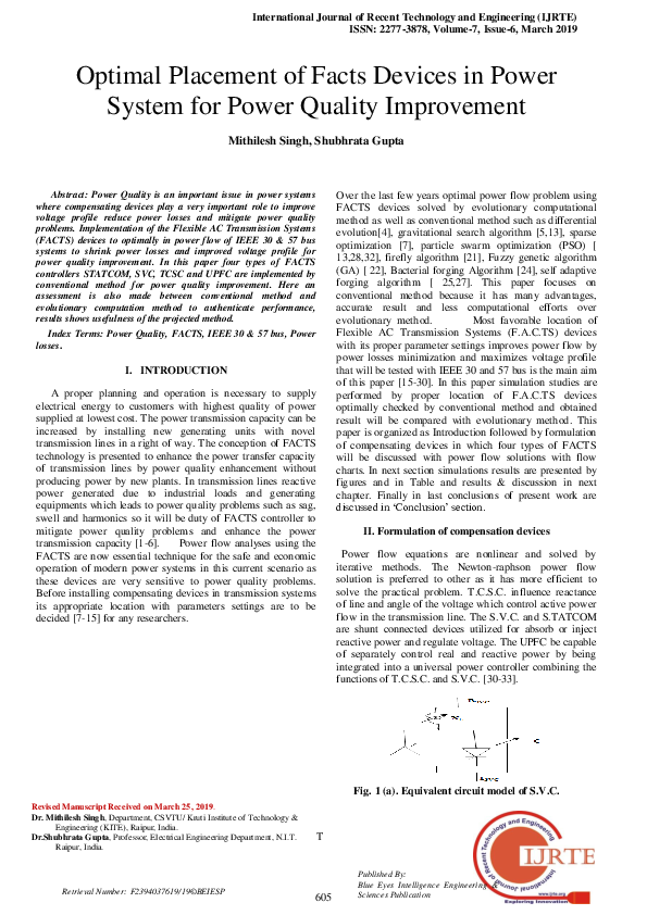 (PDF) Optimal Placement of Facts Devices in Power System for Power Quality Improvement