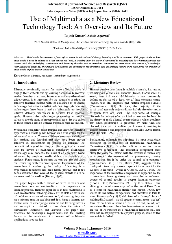 (PDF) Use of Multimedia as a New Educational Technology Tool: An ...