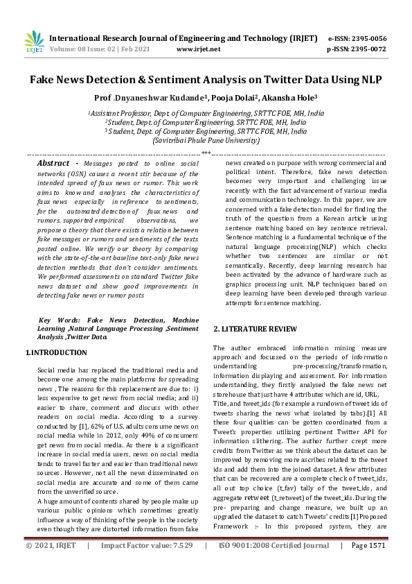 Pdf Fake News Detection And Sentiment Analysis On Twitter Data Using Nlp