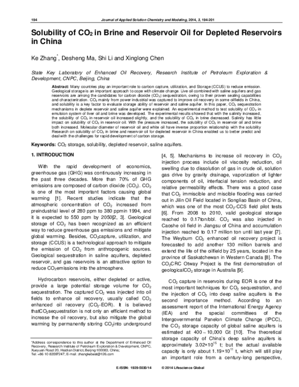 (PDF) Solubility of CO 2 in Brine and Reservoir Oil for Depleted ...