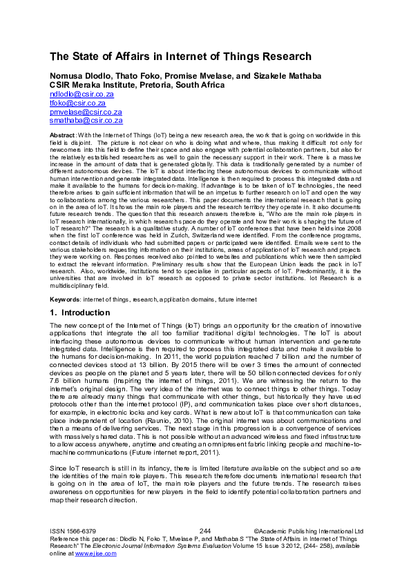 (PDF) The state of affairs in Internet of Things research