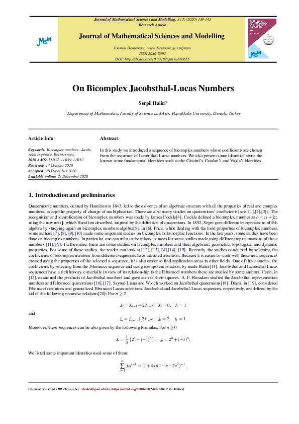 (PDF) On Bicomplex Jacobsthal-Lucas Numbers