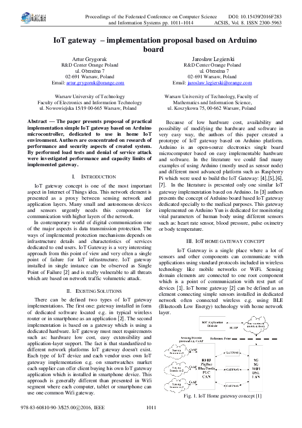 (PDF) IoT gateway – implementation proposal based on Arduino board