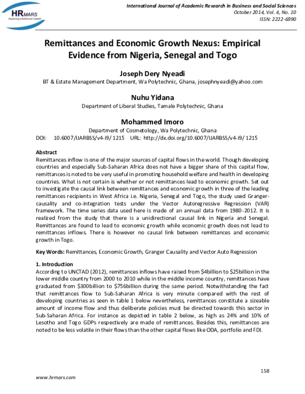 (PDF) Remittances and Economic Growth Nexus: Empirical Evidence from Nigeria, Senegal and Togo