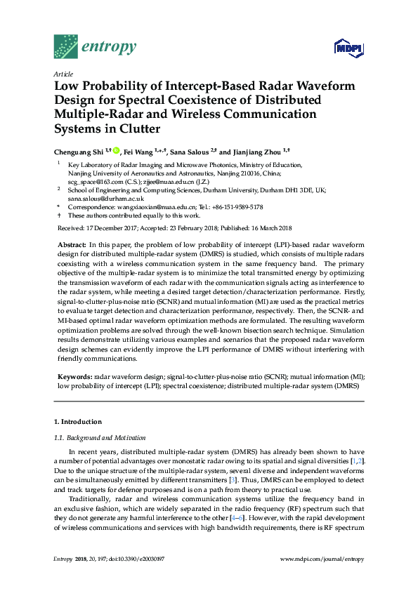 (PDF) Low Probability of Intercept-Based Radar Waveform Design for Spectral Coexistence of ...