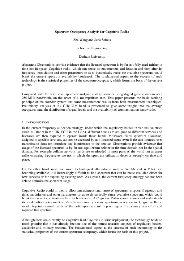Pdf Spectrum Occupancy Analysis For Cognitive Radio Sana Salous