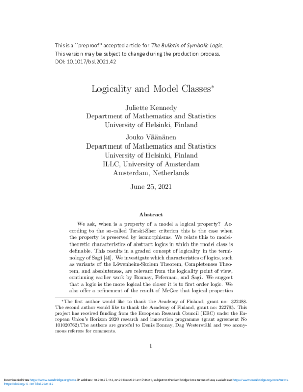 (PDF) Logicality and Model Classes