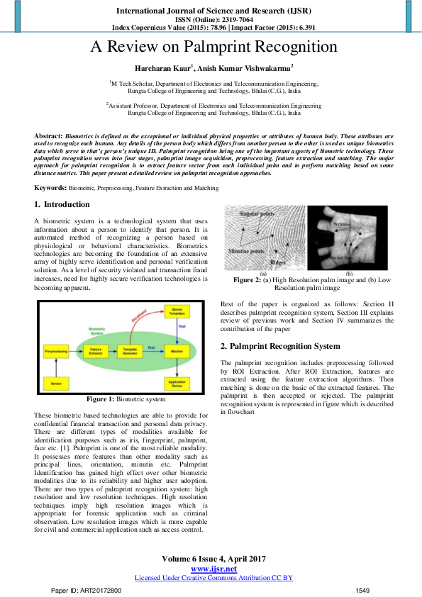 (PDF) A Review on Palmprint Recognition