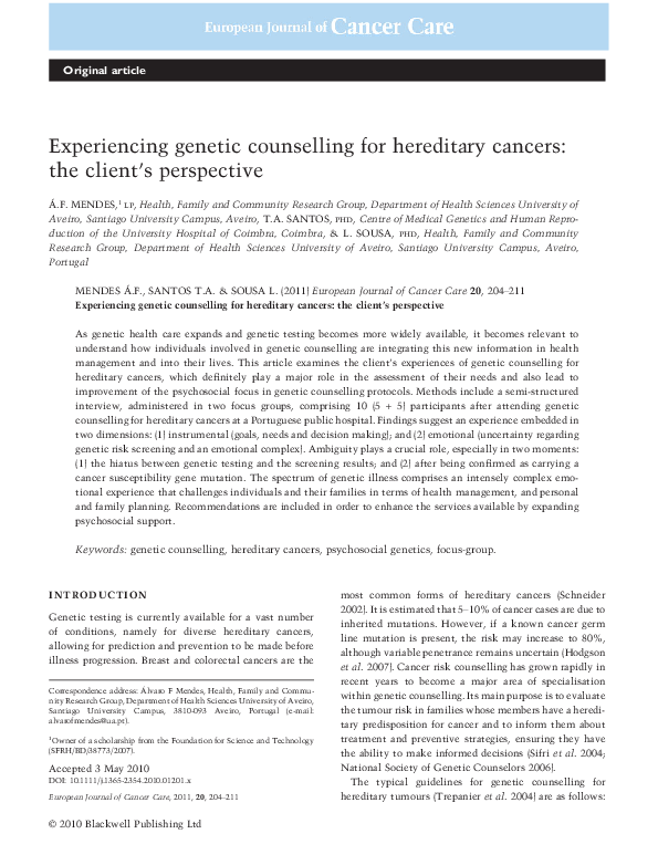 (PDF) Experiencing genetic counselling for hereditary cancers: the ...
