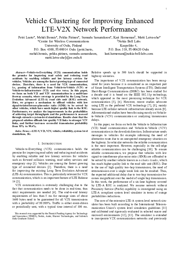 Pdf Vehicle Clustering For Improving Enhanced Lte V2x Network Performance