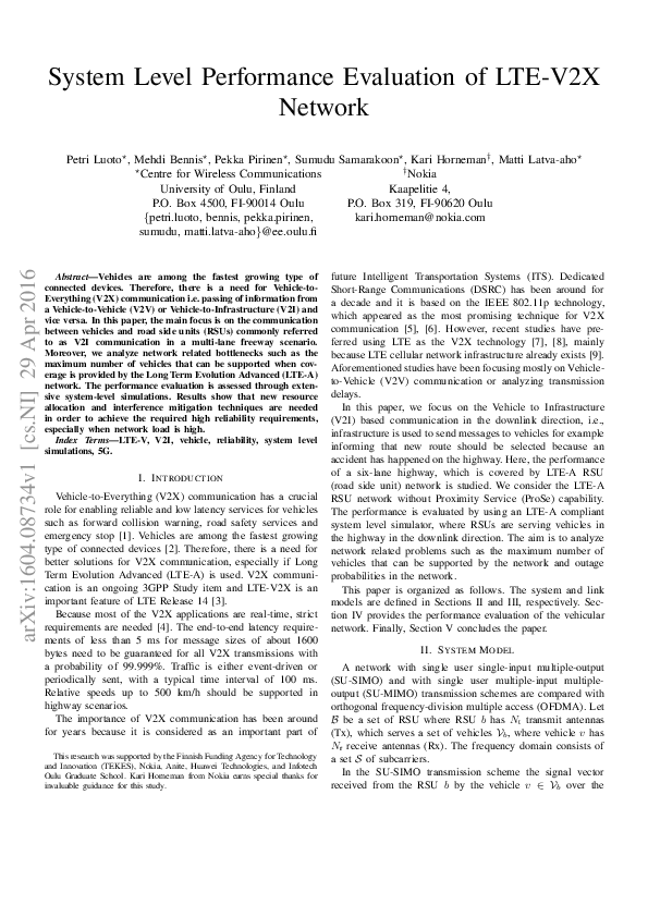 Pdf System Level Performance Evaluation Of Lte V2x Network