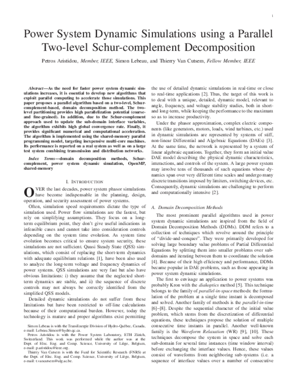 Pdf Power System Dynamic Simulations Using A Parallel Two Level Schur Complement Decomposition