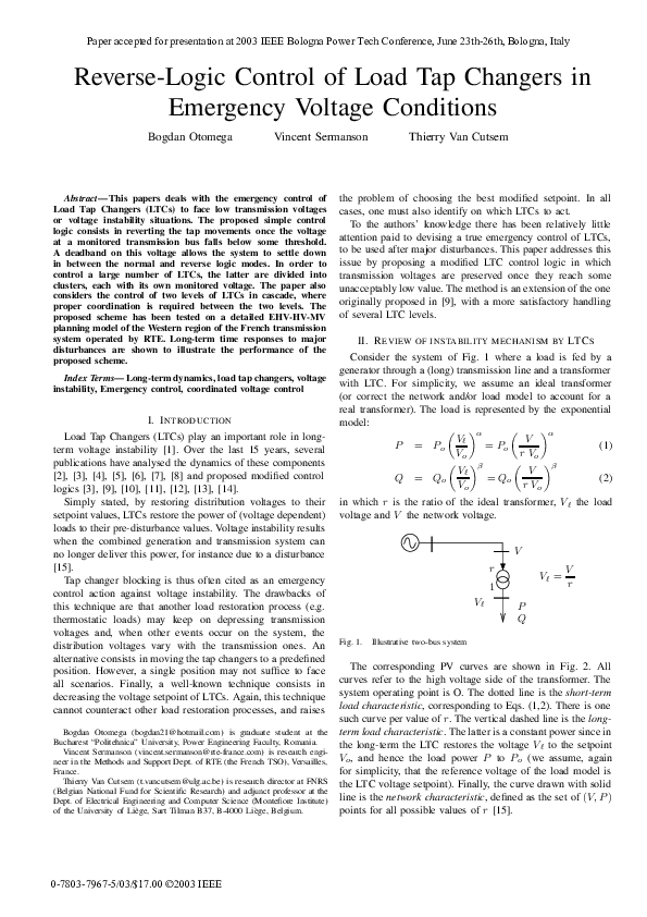 (PDF) Reverse-logic control of load tap changers in emergency voltage ...