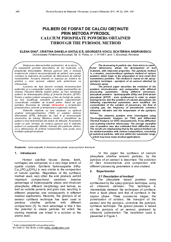 (PDF) Pulberi De Fosfat De Calciu Obţinute Prin Metoda Pyrosol Calcium Phosphate Powders ...