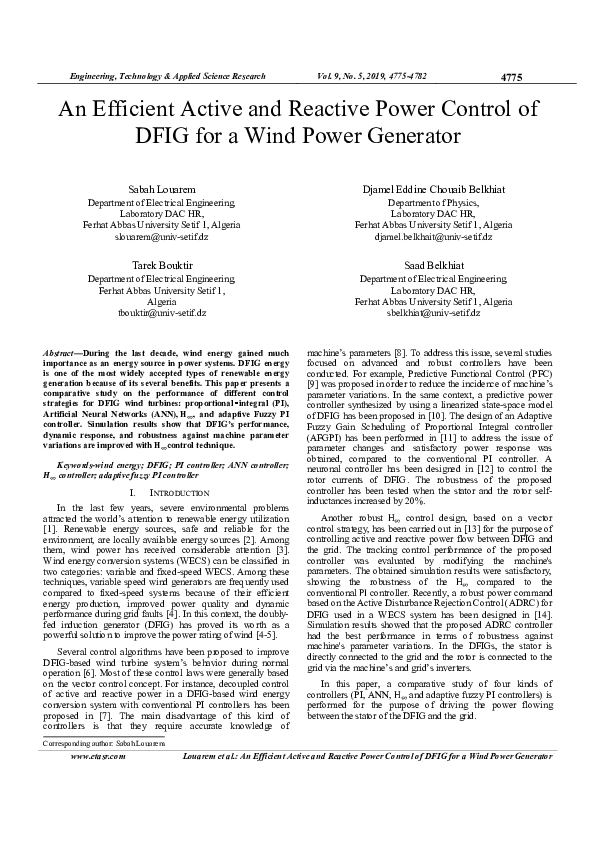 Pdf An Efficient Active And Reactive Power Control Of Dfig For A Wind Power Generator