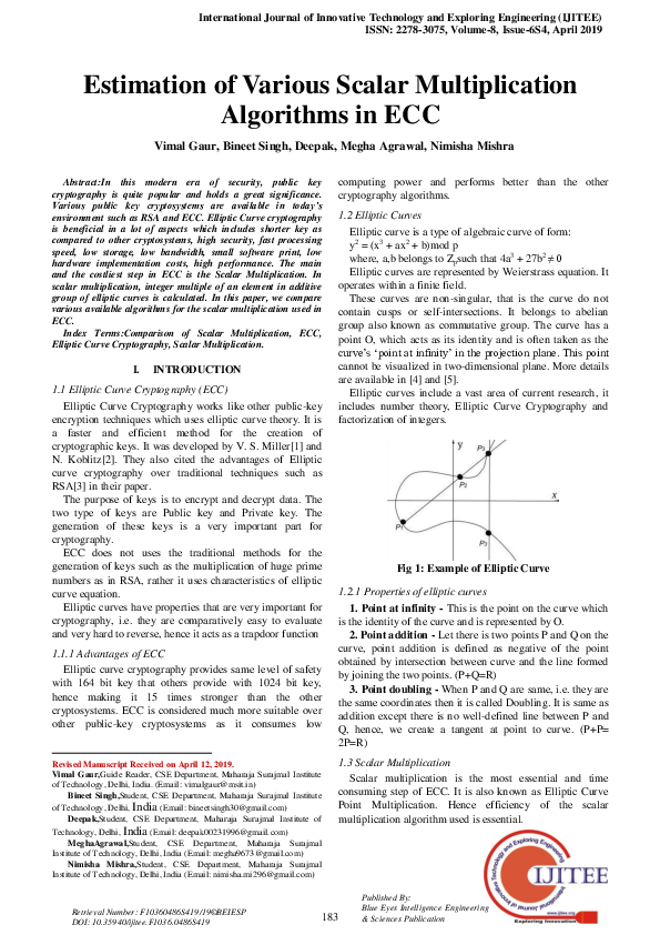 (PDF) Estimation of Various Scalar Multiplication Algorithms in ECC