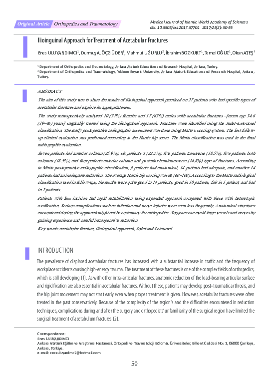 (PDF) Ilioinguinal Approach for Treatment of Acetabular Fractures