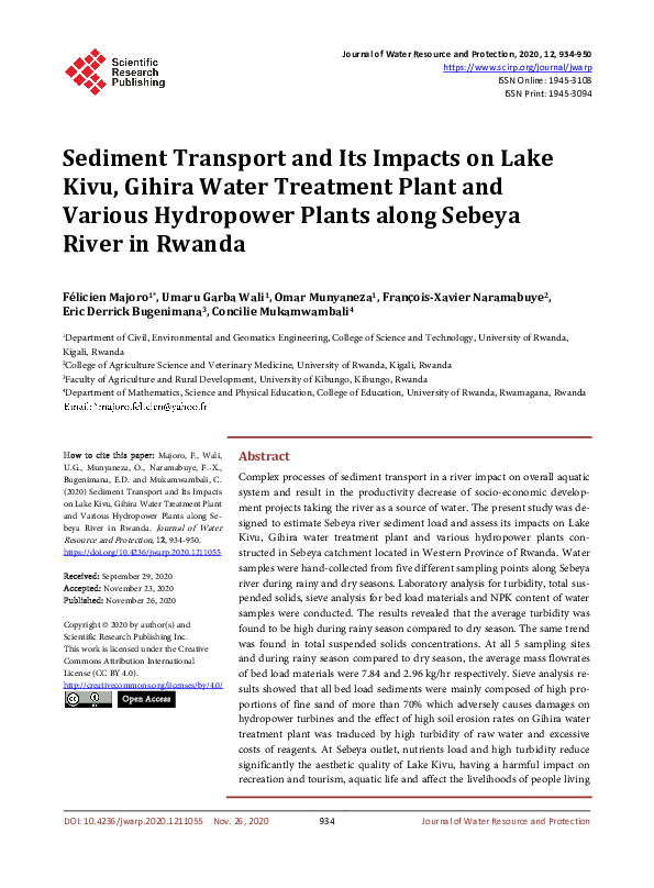 (PDF) Sediment Transport and Its Impacts on Lake Kivu, Gihira Water ...