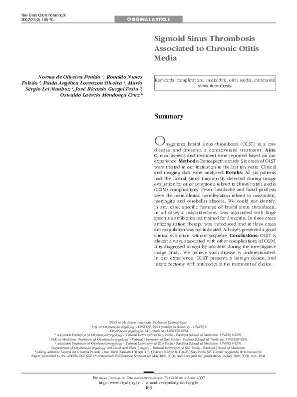 (PDF) Trombose do seio sigmóide associada à otite média crônica | Paula ...