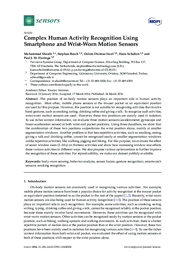 (PDF) Complex Human Activity Recognition Using Smartphone and Wrist-Worn Motion Sensors