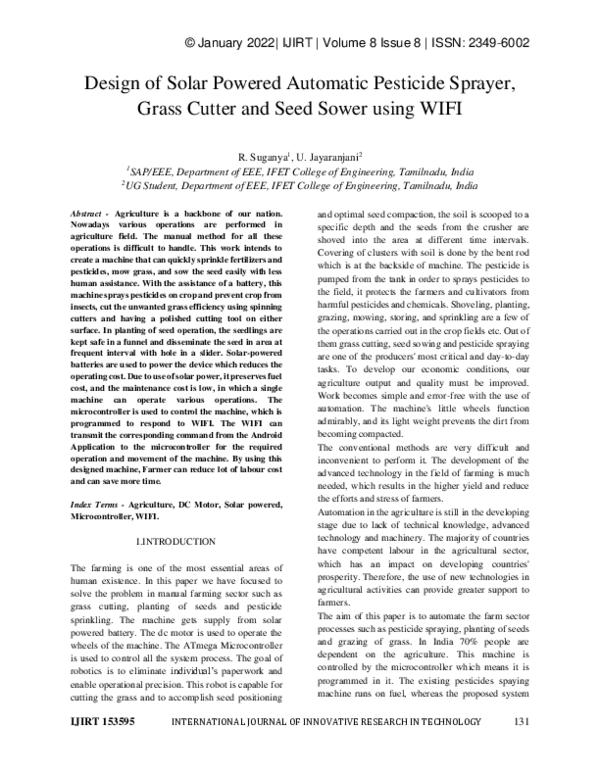 (PDF) Design of Solar Powered Automatic Pesticide Sprayer, Grass Cutter ...