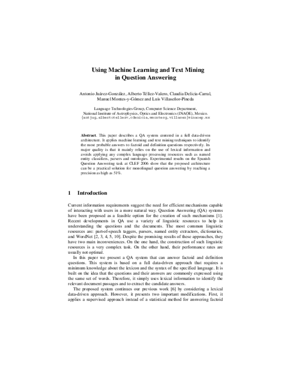 (PDF) Using Machine Learning and Text Mining in Question Answering