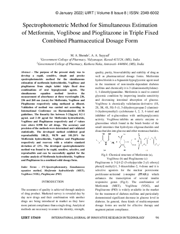 (PDF) Spectrophotometric Method for Simultaneous Estimation of Metformin, Voglibose and ...