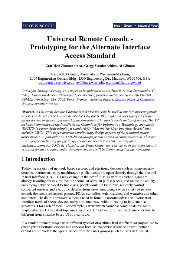 (PDF) Universal Remote Console - Prototyping for the Alternate ...